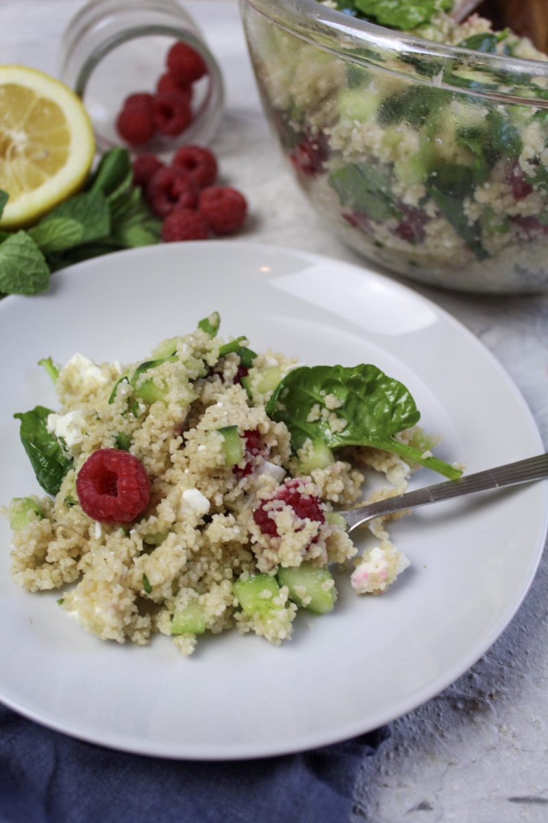 Couscous salad with cucumber, raspberries and feta | kitchensplace
